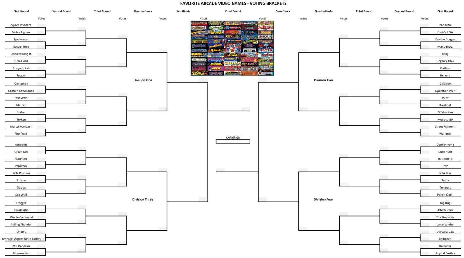 Favorite Arcade Video Games – Round One – Voting Brackets